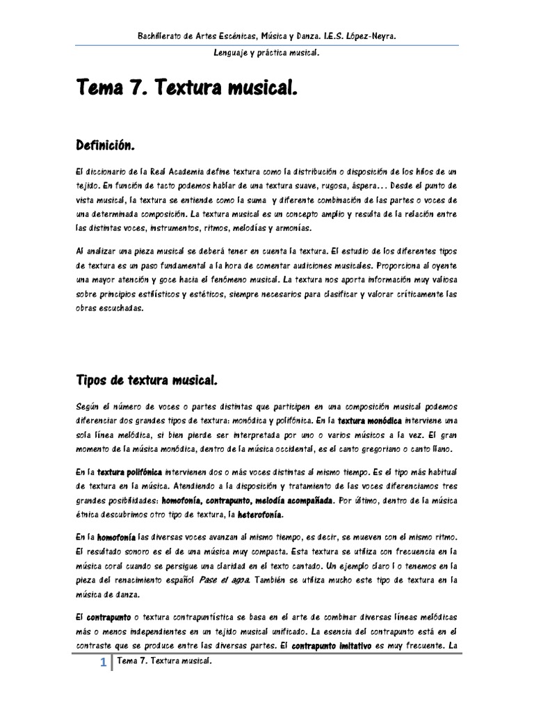 Tema 7. Textura Musical. | PDF | Melodía | Composiciones Musicales