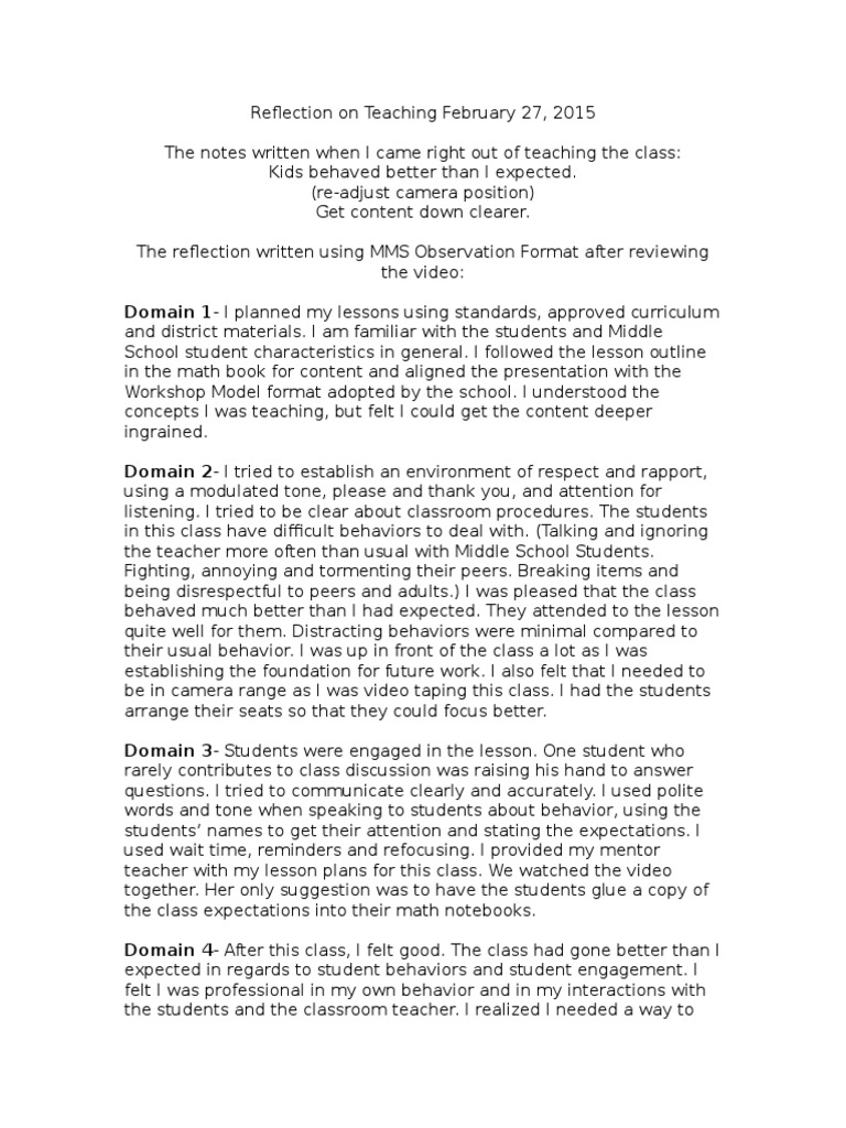 Middle School Teaching Reflection | PDF | Classroom | Teachers