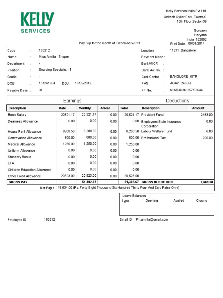 PersolKelly Salary Slip - December 2013 | PDF