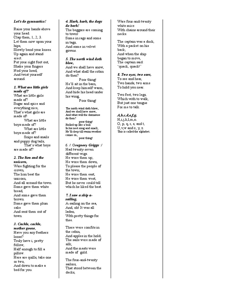 Nursery Rhymes and Movements Guide | PDF