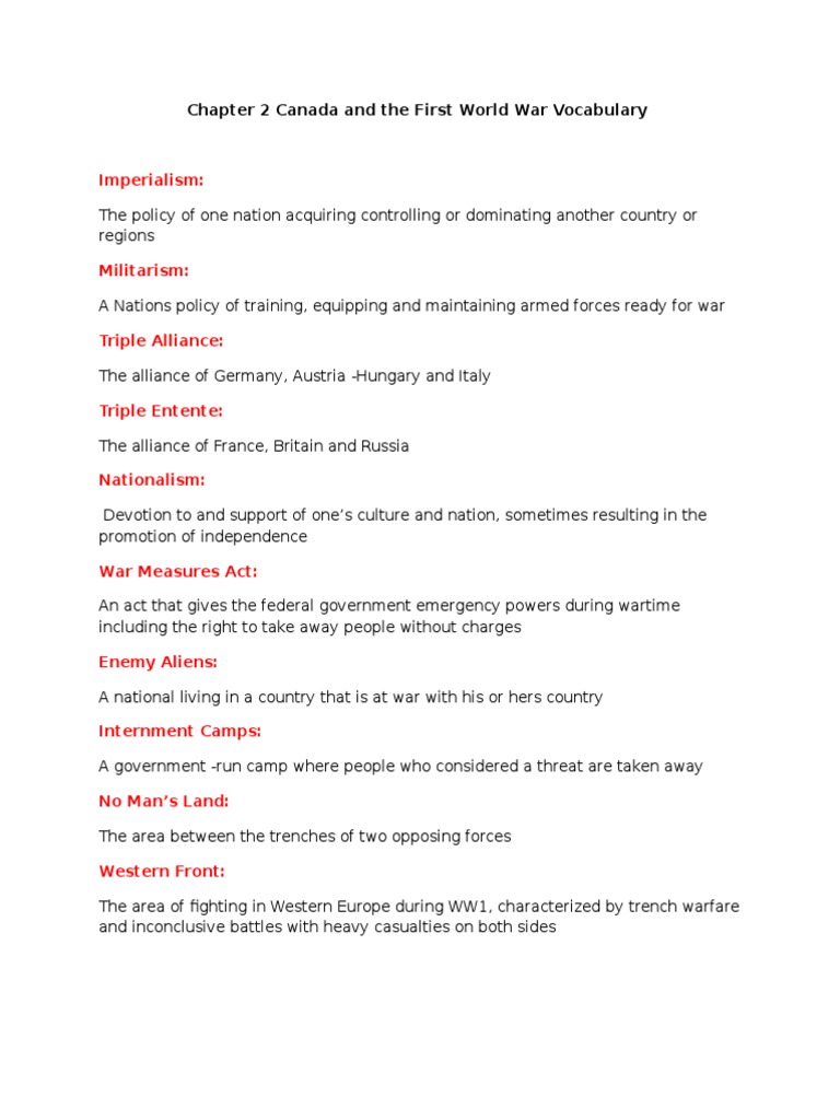 Chapter 2 Canada and The First World War Vocabulary | PDF | Trench ...