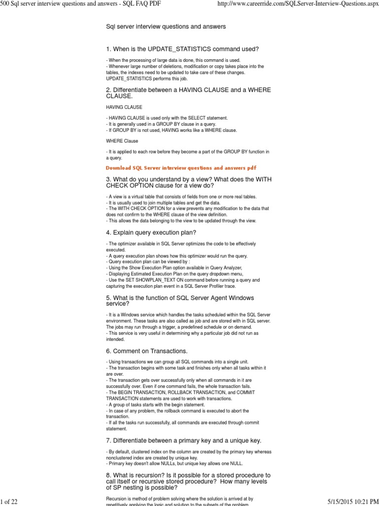 500 SQL Server Interview Questions and Answers - SQL FAQ PDF | Download Free PDF | Microsoft Sql ...