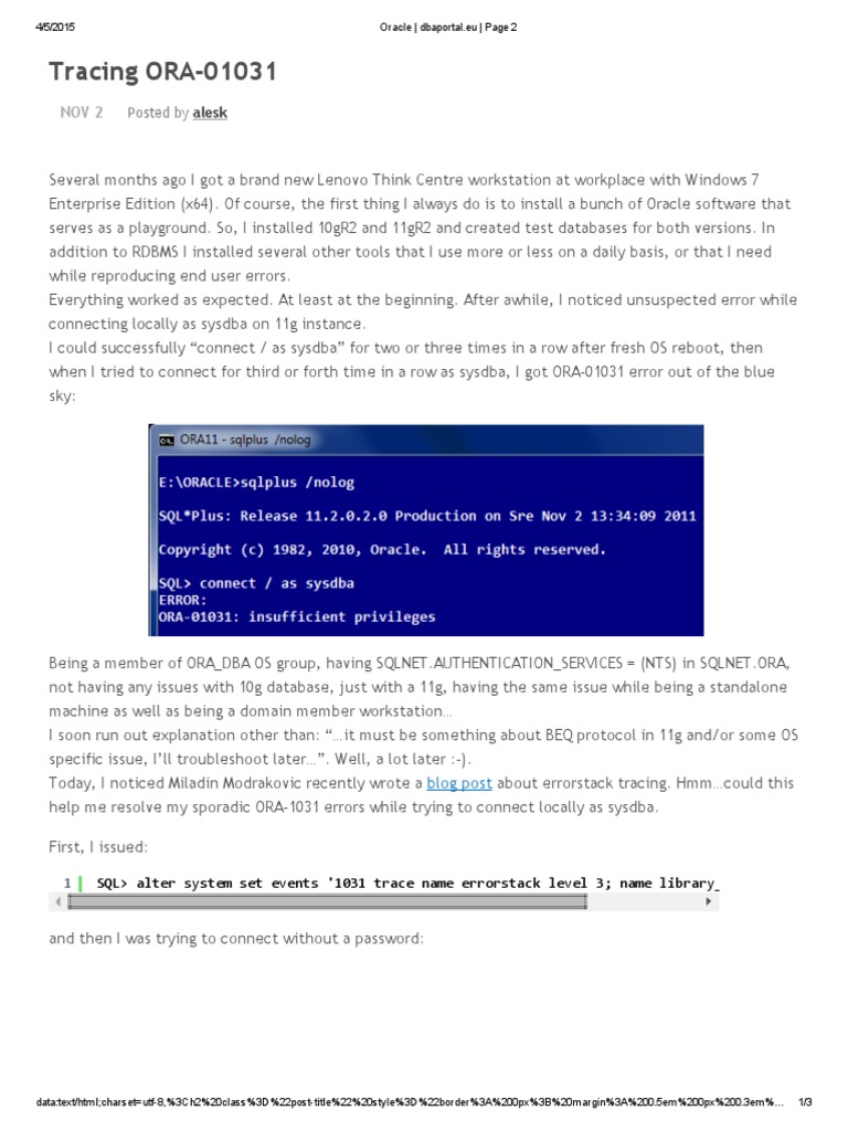 Tracing ORA 01031 | Download Free PDF | Oracle Database | Microsoft Windows
