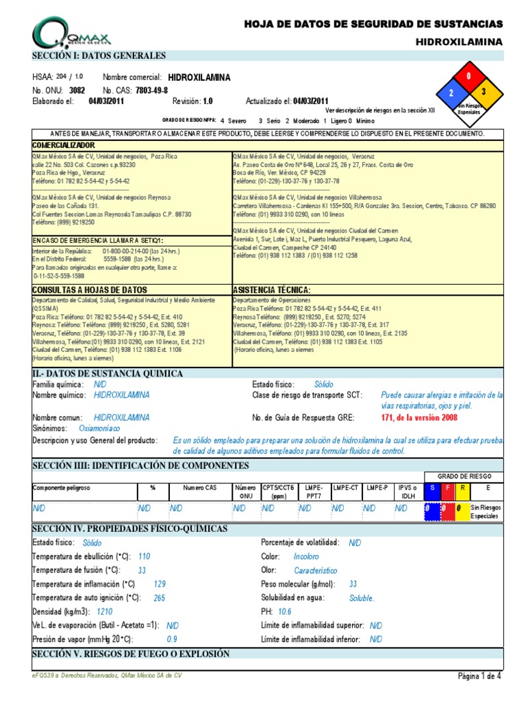 Hidroxilamina Hds Formato 13 Secciones, Qmax | PDF | Contaminación | Dióxido de carbono
