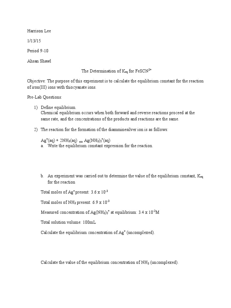 Equilibrium Constant For FeSCN | PDF | Chemical Equilibrium ... Equilibrium Constant For FeSCN | PDF | Chemical Equilibrium ...