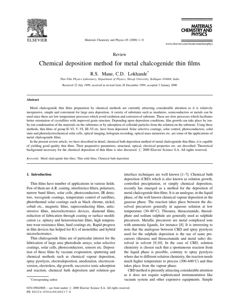 Chemical Deposition Method For Metal Chalcogenide Thin Films | PDF ...