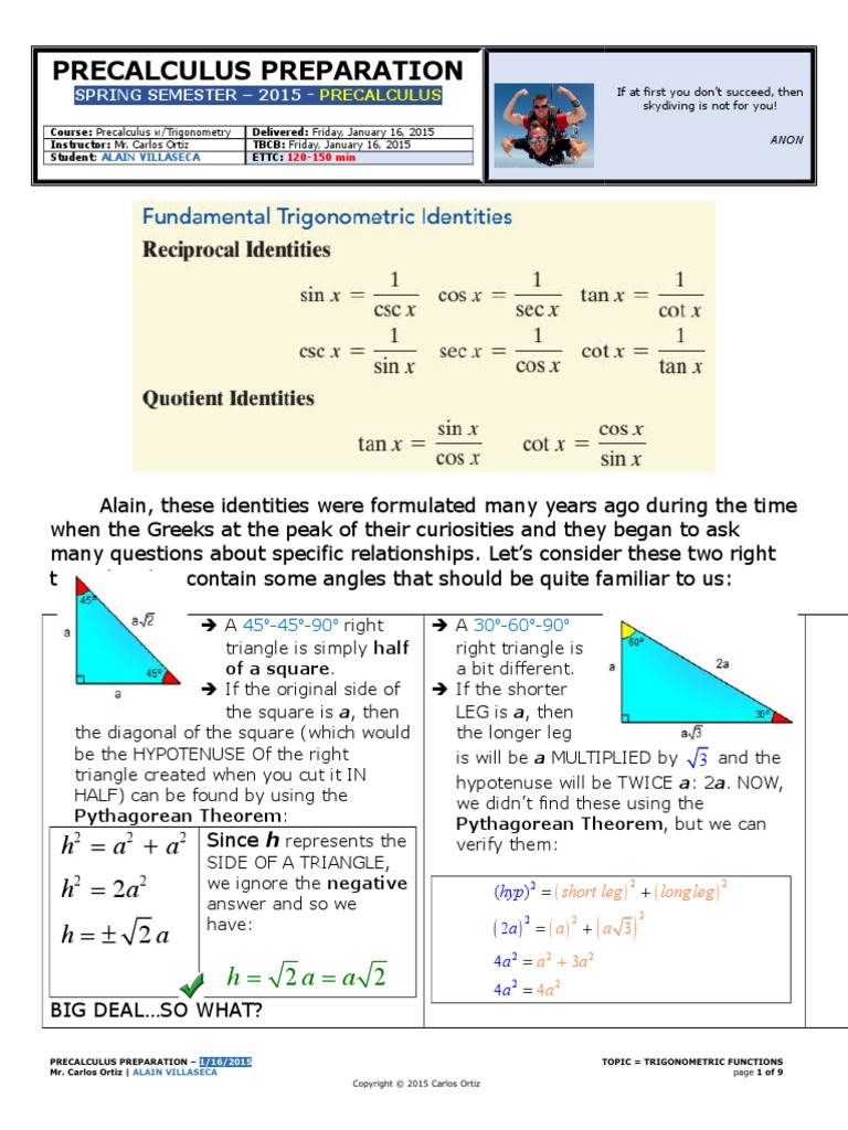 Precalculus Preparation: H A A H A H A | PDF | Sine | Trigonometric ...