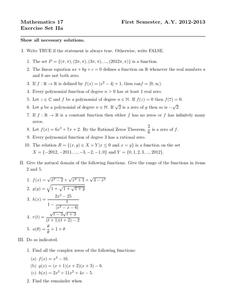 Mathematics 17 Exercise Set IIa: Solutions to Problems on Functions, Polynomials, and Complex ...