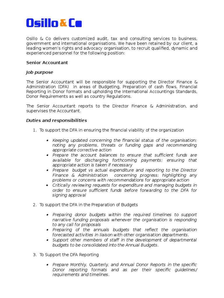 Senior Accountant Job Advert | PDF | Budget | Accounting