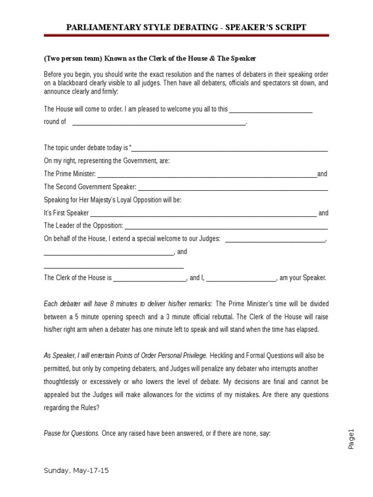 Parliamentary Speaker's Script | PDF