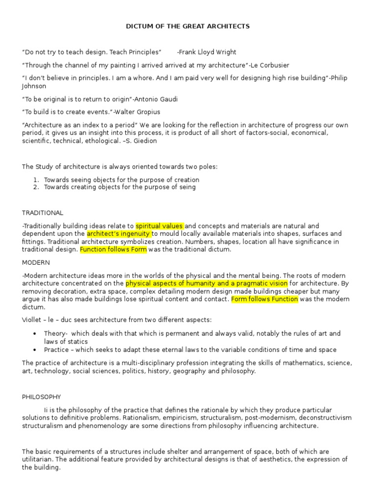 Architect's Dictums and Design Principles | PDF | Framing (Construction ...
