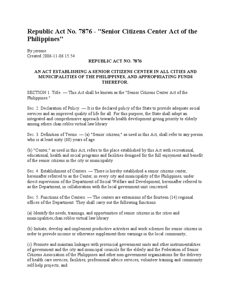 Philippine Senior Citizens Act RA 7876 | Welfare | Old Age