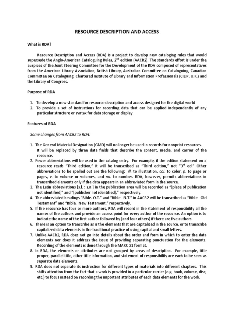 Resource Description and Access | PDF | Cataloging | Metadata