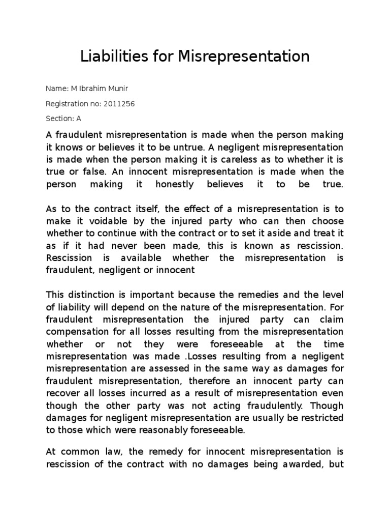Liabilities For Misrepresentation | PDF | Finance & Money Management