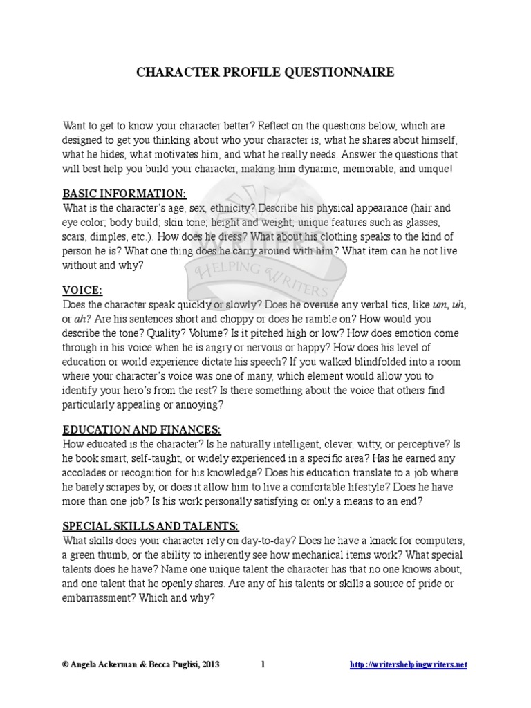 Character Profile Questionnaire | PDF | Questionnaire | Emotions