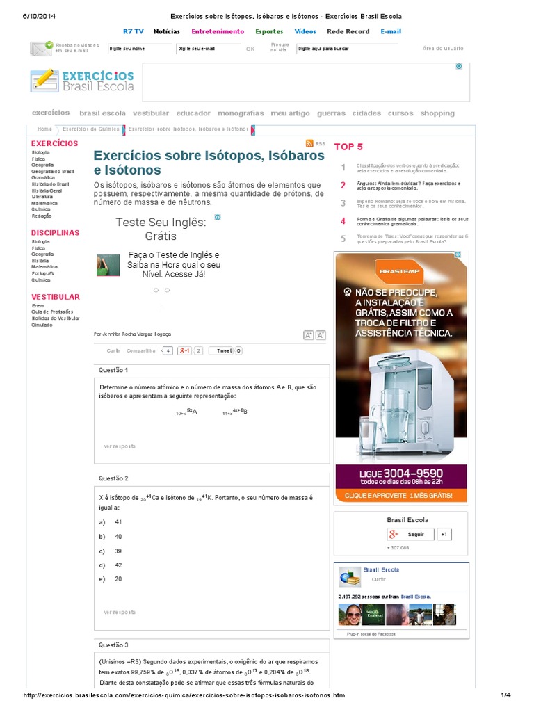 1 Ano Exercícios Sobre Isótopos Isóbaros E Isótonos Exercícios
