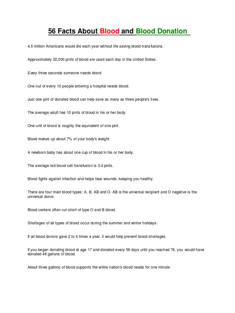 56 Facts About Blood and Blood Donation | PDF | Blood Donation | Blood ...