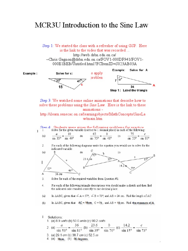 MCR3 U Introduction To The Sine Law | PDF