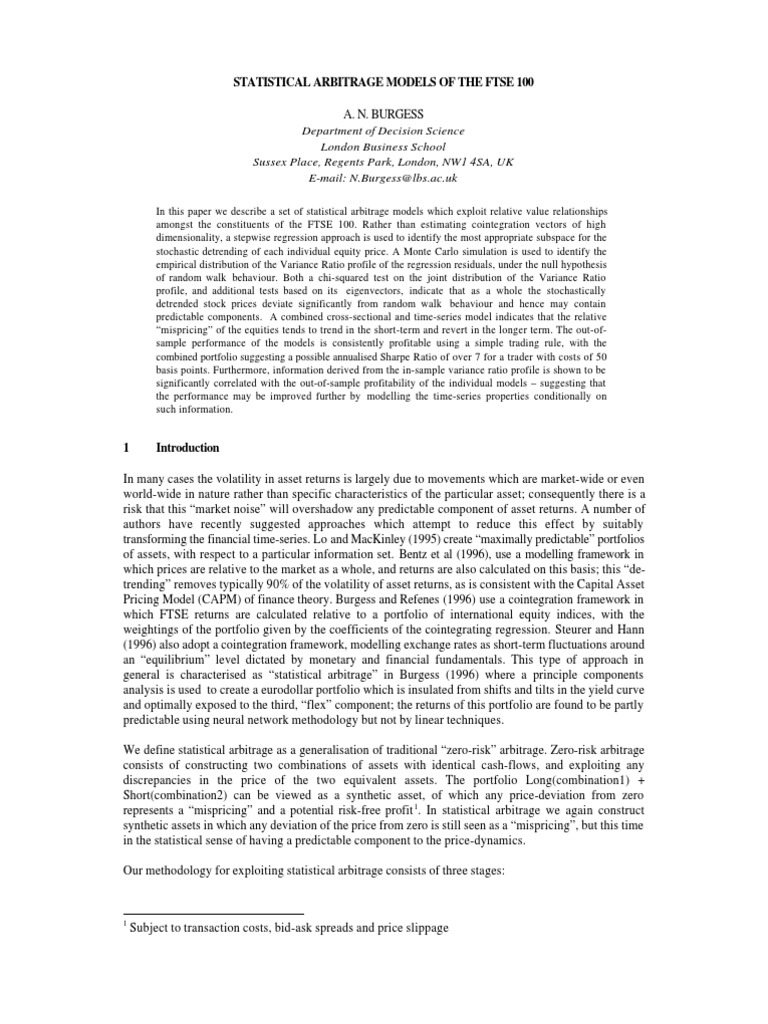 Statistical Arbitrage Models of FTSE 100 | PDF | Variance | Errors And ...