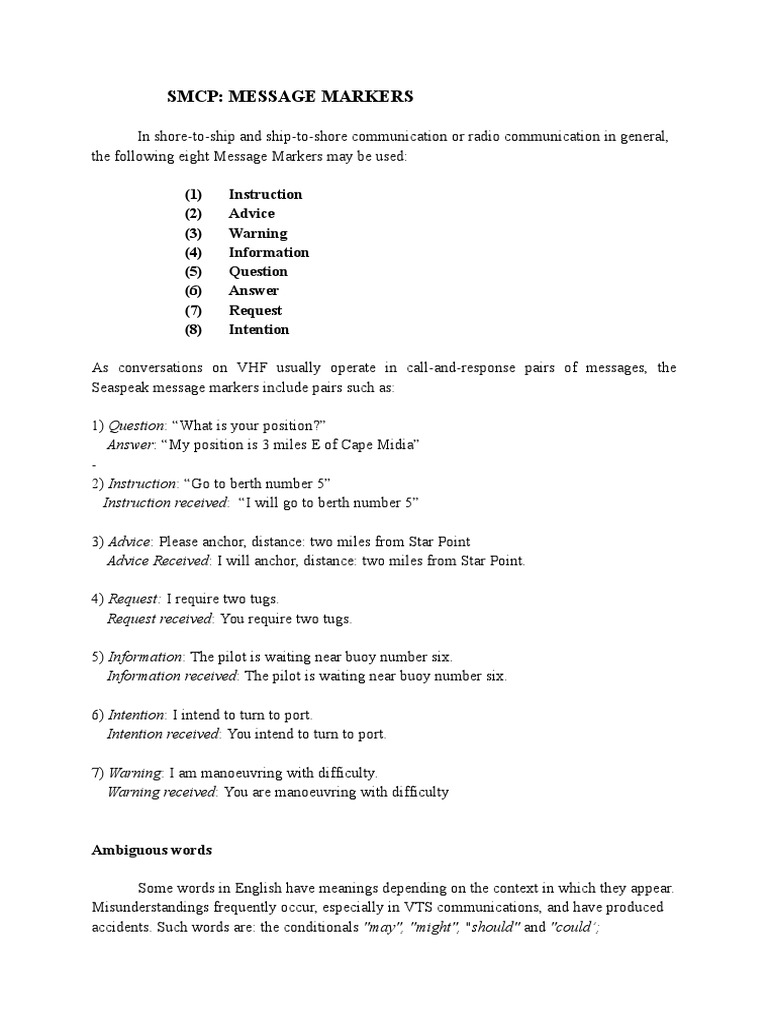 SMCP: Message Markers: (1) Instruction (2) Advice (3) Warning (4) Information (5) (6) Answer (7 ...