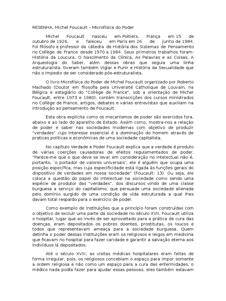 RESENHA, Michel Foucault - Microfísica Do Poder | PDF | Michel Foucault | Poder (social e político)