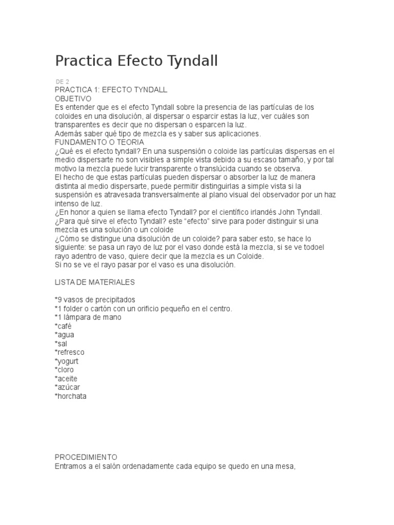 Practica Efecto Tyndall | PDF | Coloide | Ligero