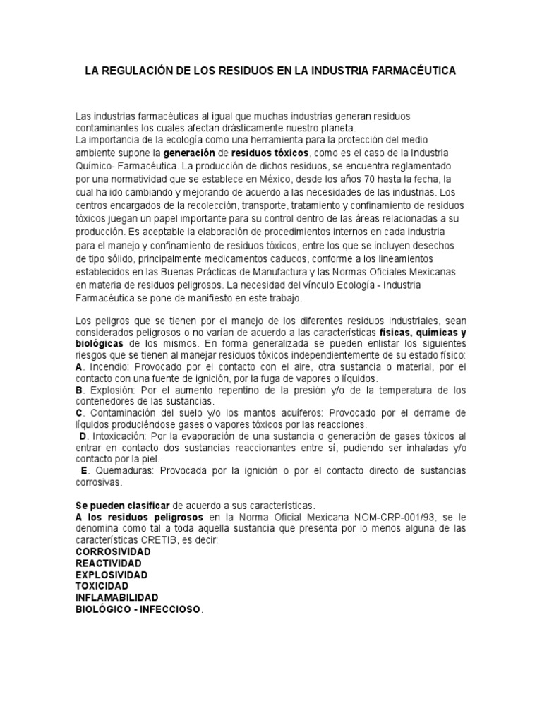 La regulación de los residuos peligrosos en la industria farmacéutica y los riesgos asociados ...