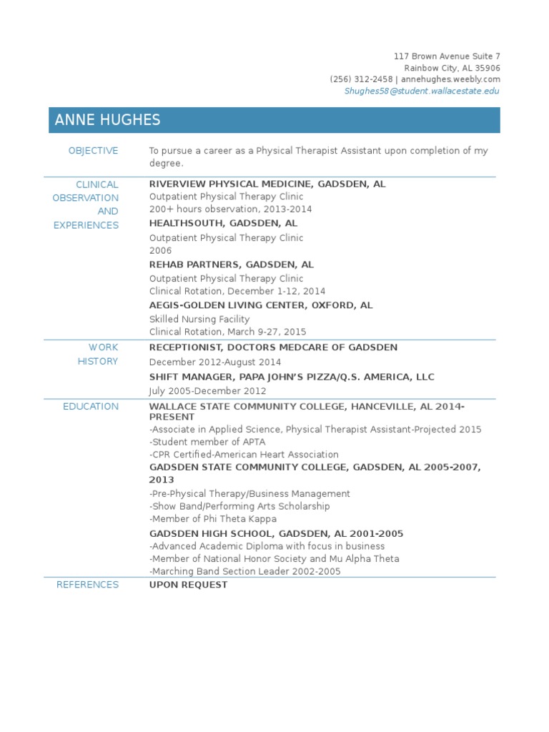 Anne Hughes - Physical Therapist Assistant Resume | PDF