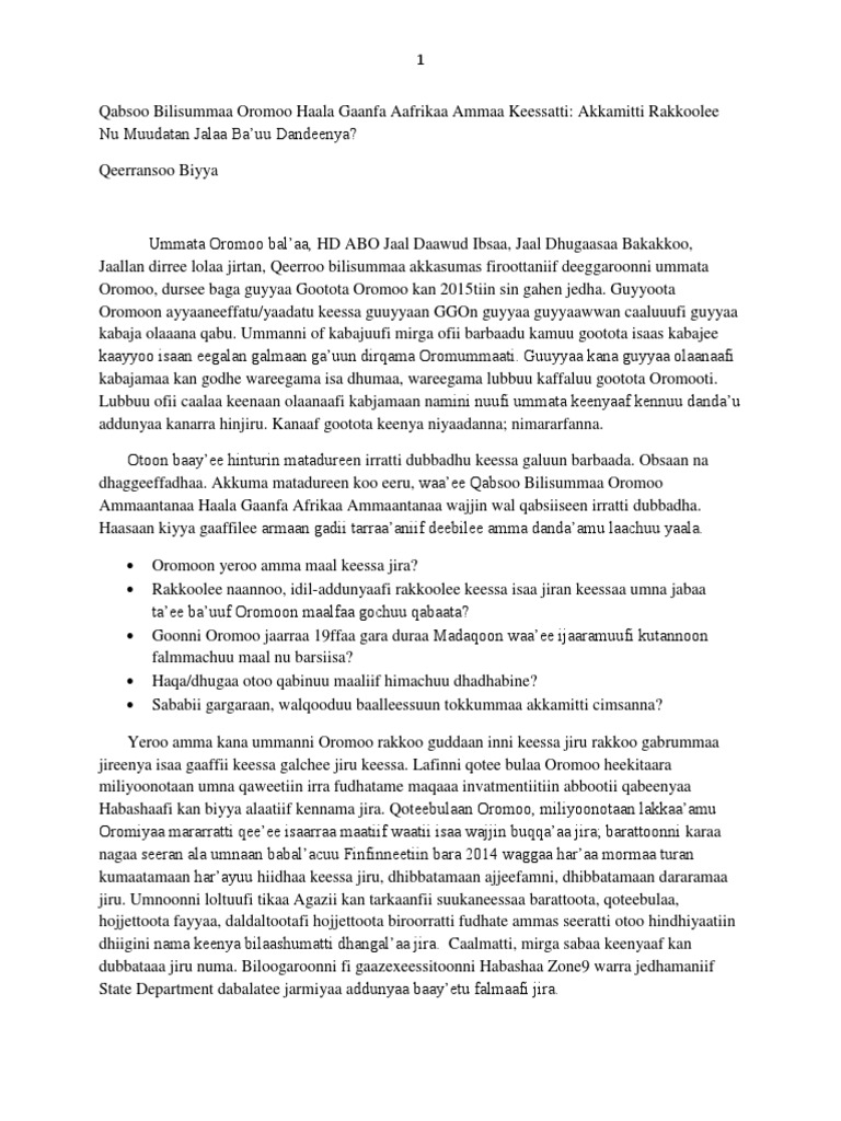 Qabsoo Bilisummaa Oromoo Haala Gaanfa Aafrikaa Ammaa Keessatti PDF | PDF