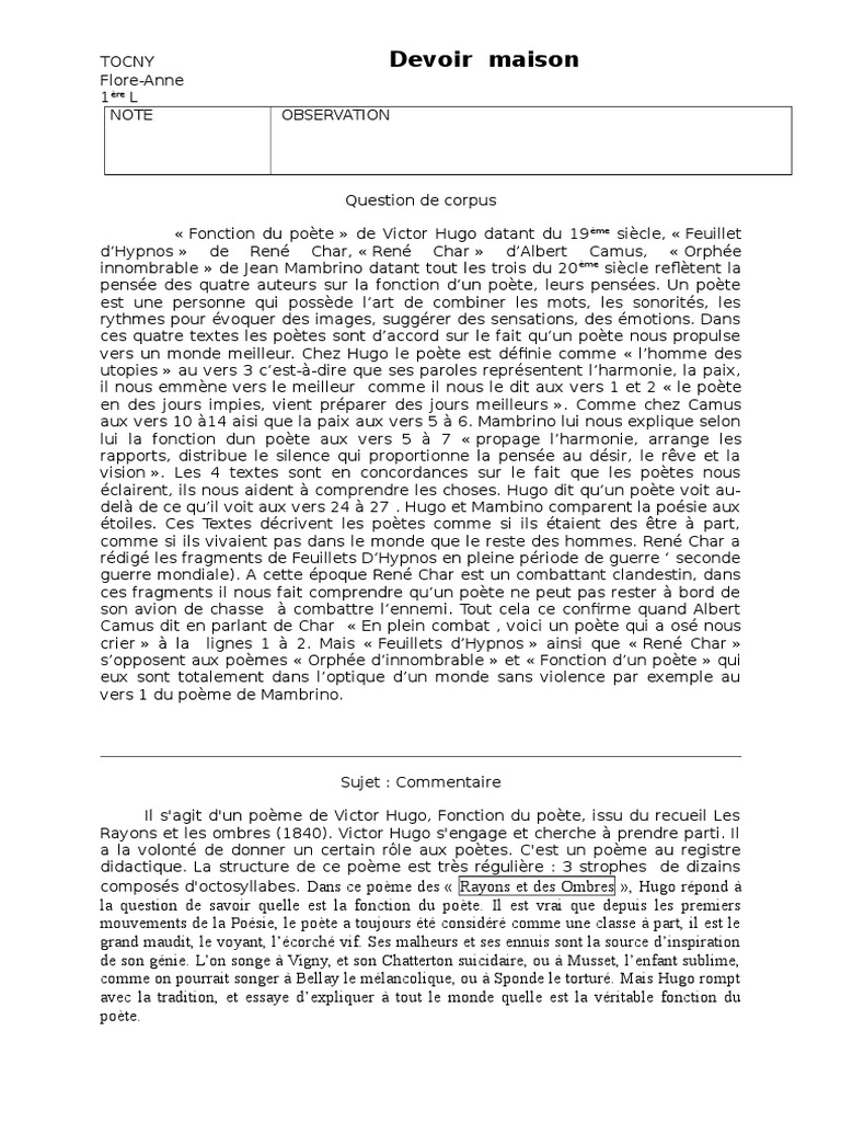 Francais Commentaire | Victor Hugo | Poésie