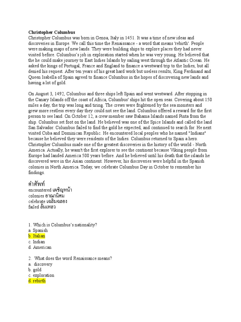 Reading Passage Columbus | PDF | Colonization Of The Americas ...