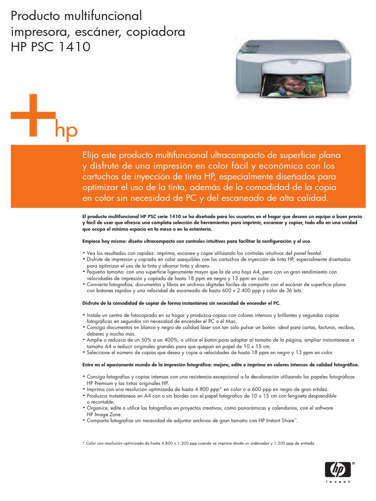 HP PSC 1410 | PDF | Escáner de imagen | Impresora (Computación)