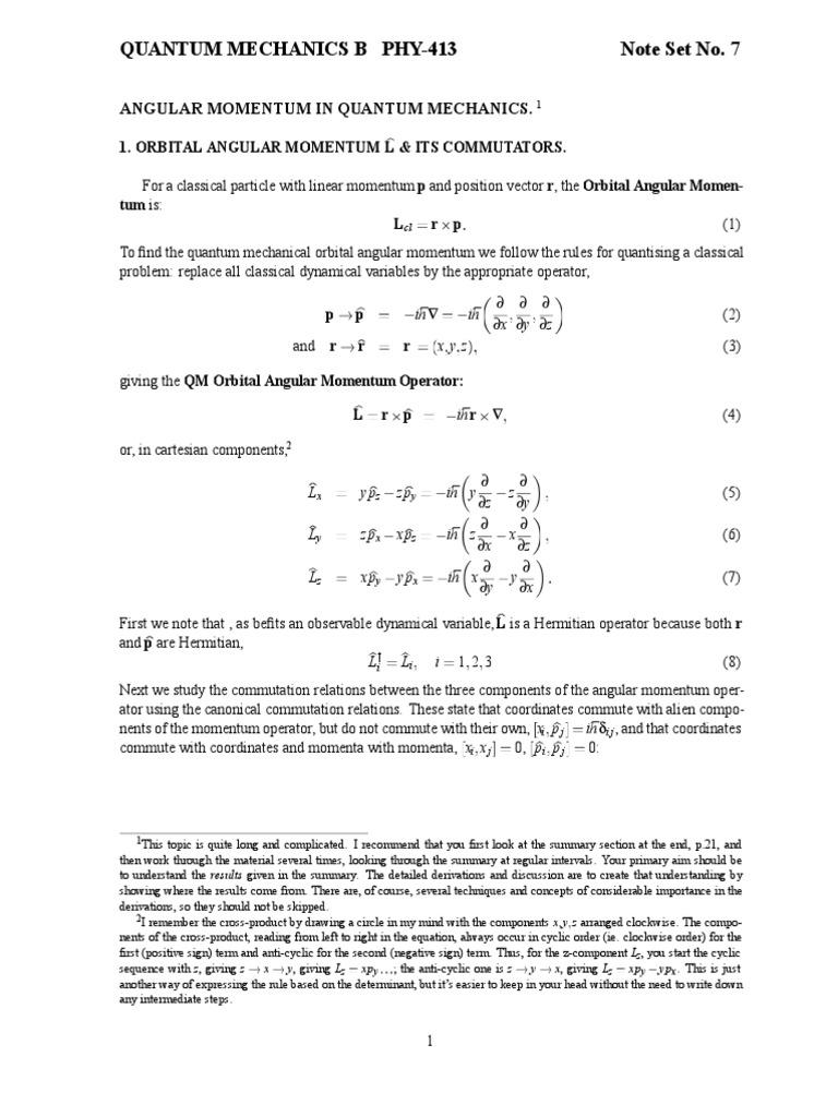PHY 413 Note Set 7 | Download Free PDF | Spin (Physics) | Wave Function