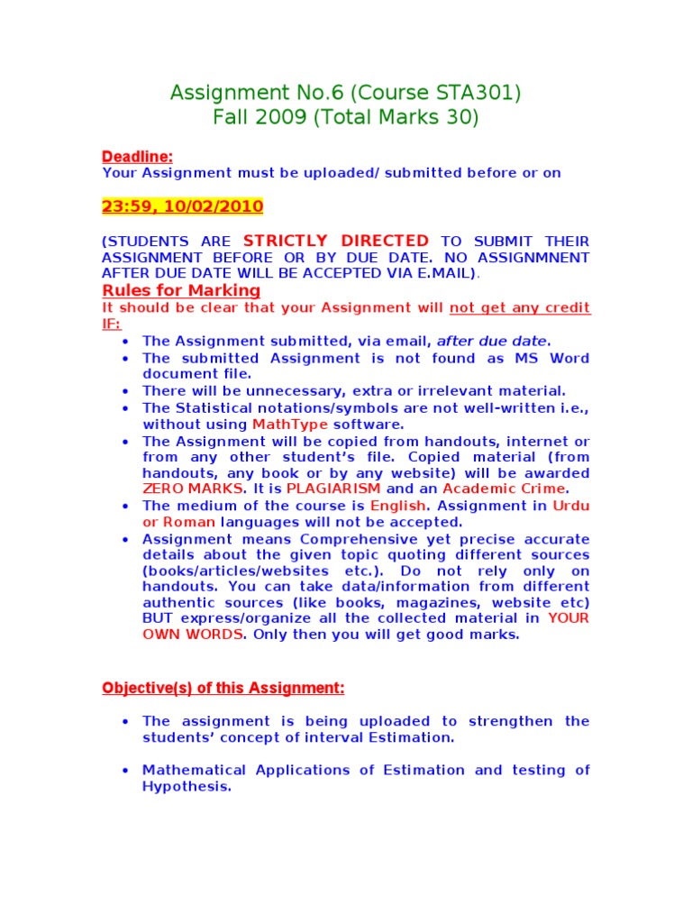 Assignment No.6 (Course STA301) Fall 2009 (Total Marks 30) | PDF | Confidence Interval | Variance