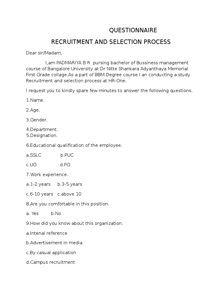Questionnaire Recruitment and Selection Process | PDF