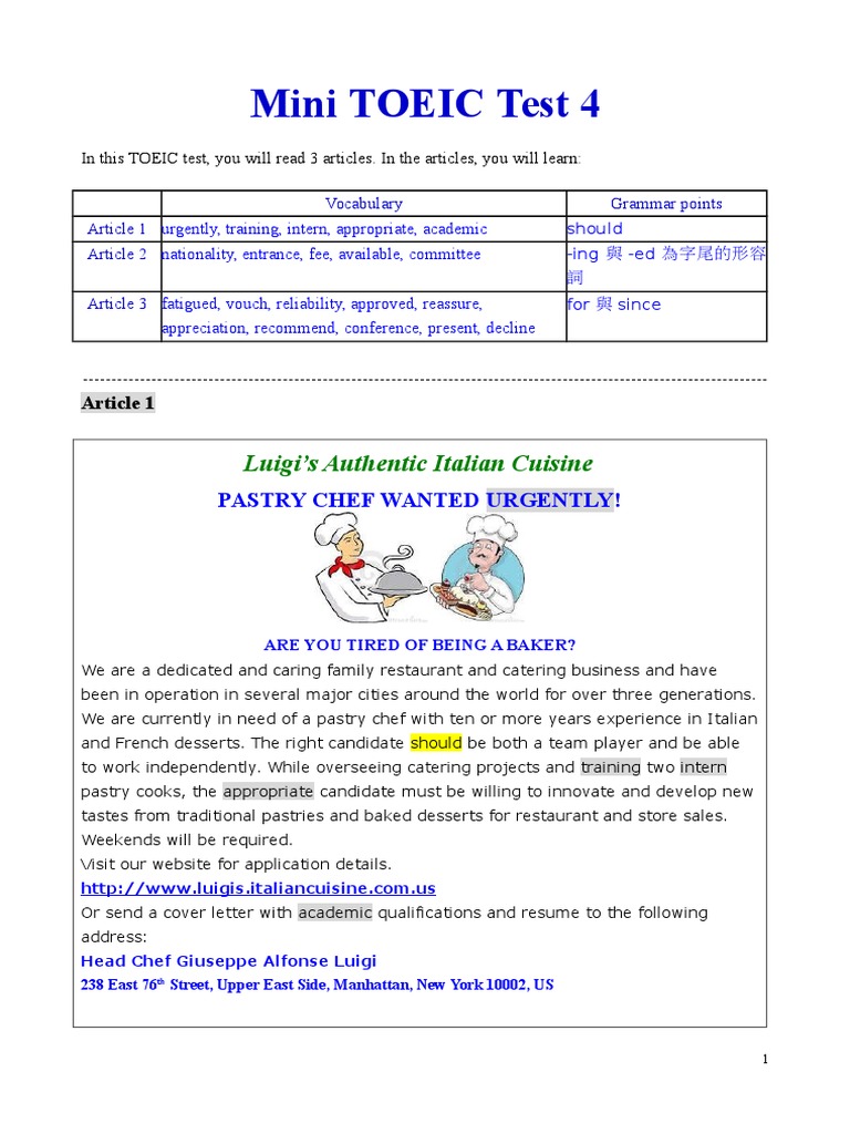 Mini Toeic Test 4 | PDF | Food And Drink | Restaurant And Catering