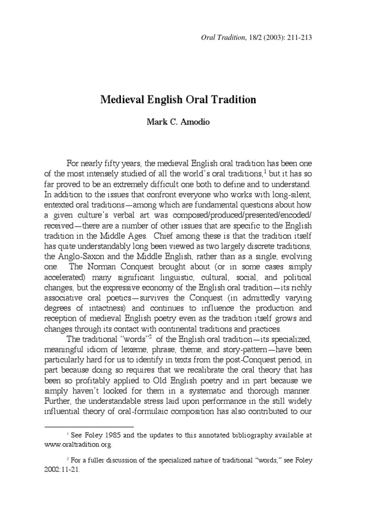 Medieval English Oral Tradition: Mark C. Amodio | PDF | Oral Tradition ...