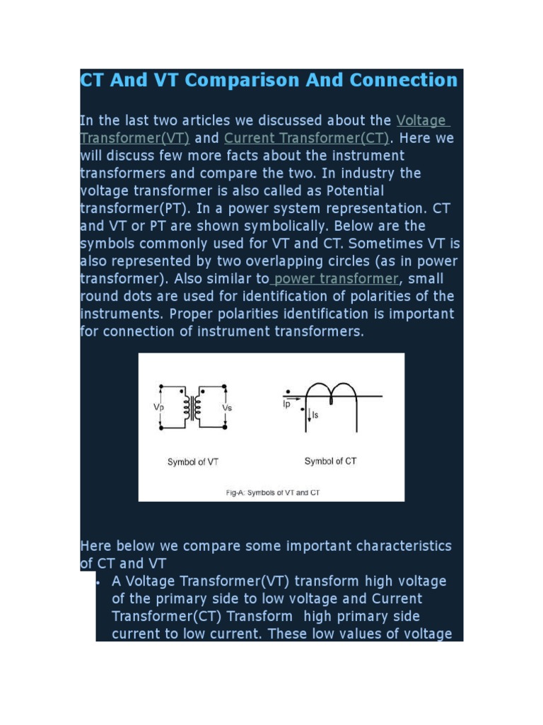 CT and VT Comparison and Connection | Transformer | Components