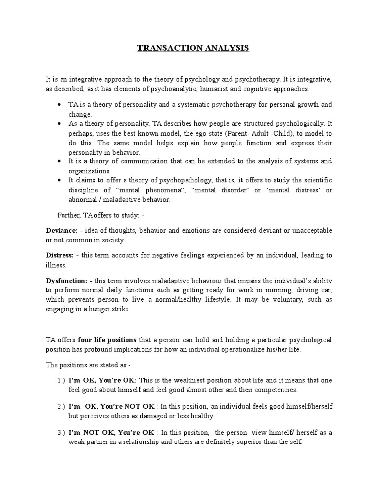 Transaction Analysis | PDF | Id | Clinical Psychology