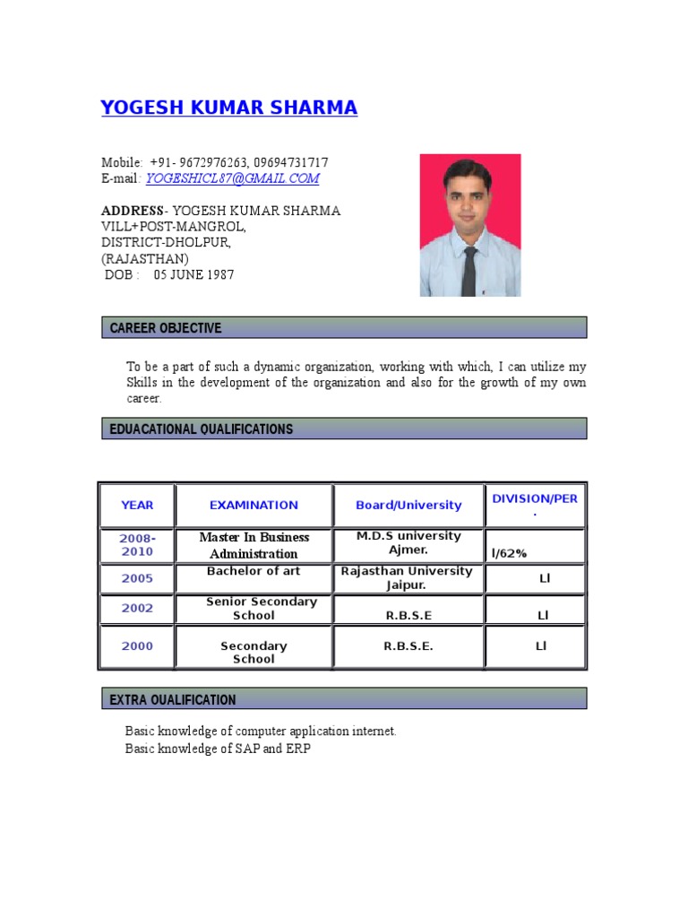 Yogesh Kumar Sharma's Resume Summary | PDF