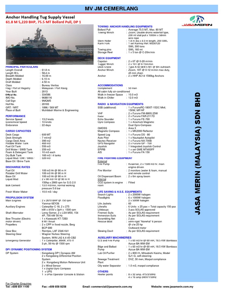 Specifications and Equipment Overview of the MV JM CEMERLANG Anchor ...