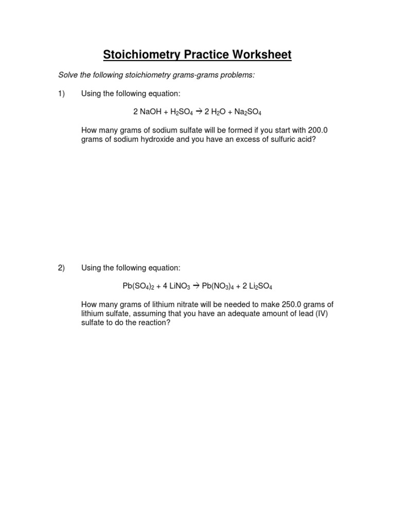 Stoichiometry Practice Worksheet: Solve The Following Stoichiometry ...