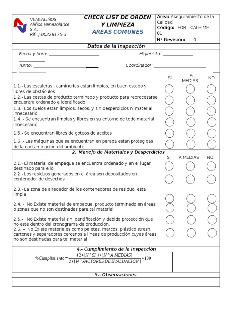 Check List de Orden y Limpieza Areas Comunes | PDF
