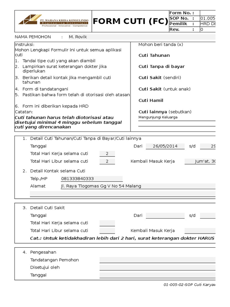 01-005-02-SOP Cuti Karyawan - Form Cuti | PDF