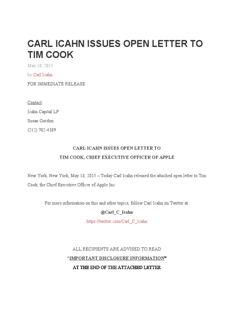 Icahn Letter To Apple | PDF | Share Repurchase | Apple Inc.