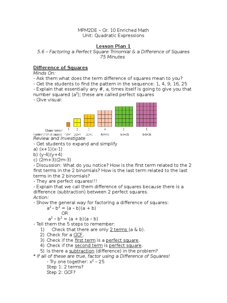 Lesson Plan - Factoring A Perfect Square Trinomial and A Difference of ...