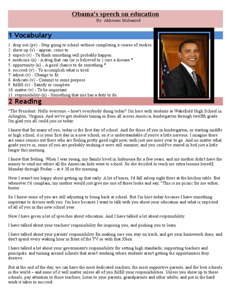 Barack Obama S Speech On Education | PDF | Teachers | Reading Comprehension