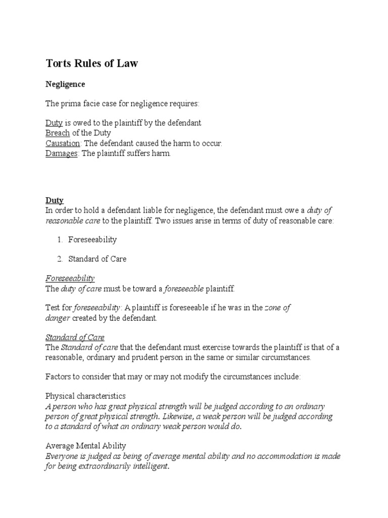 Torts Rules of Law (Simplified) | PDF | Standard Of Care | Negligence