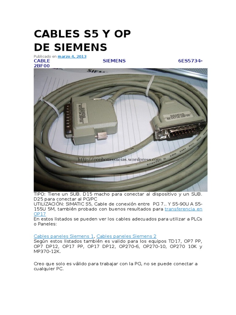 Cables Siemens S5 y OP: Conexiones y Usos | PDF | Microcontrolador ...