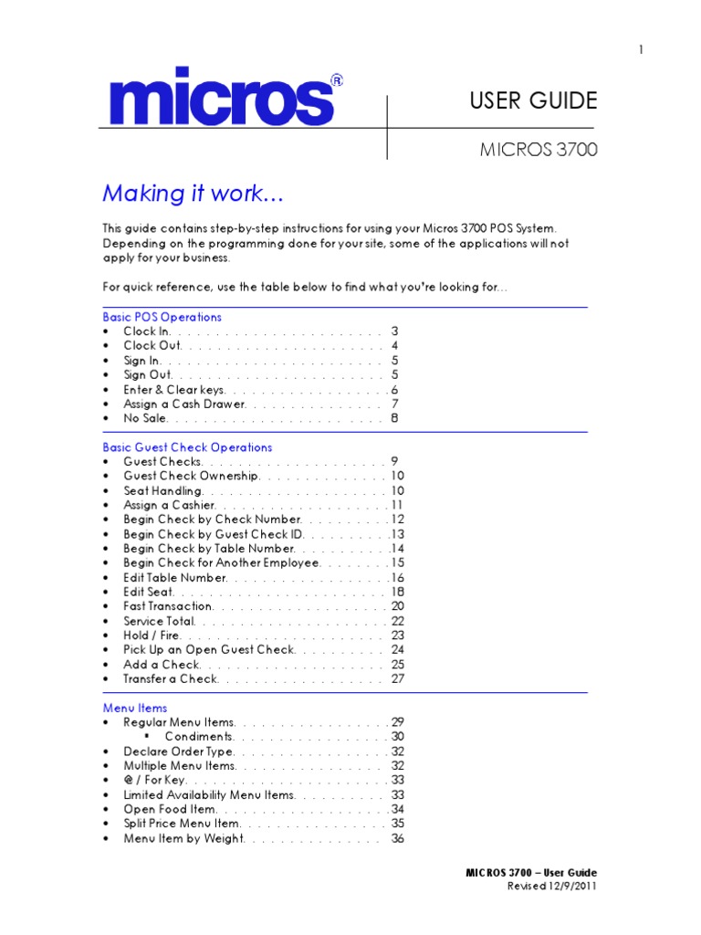 Micros 3700 POS User Guide | PDF | Menu | Point Of Sale